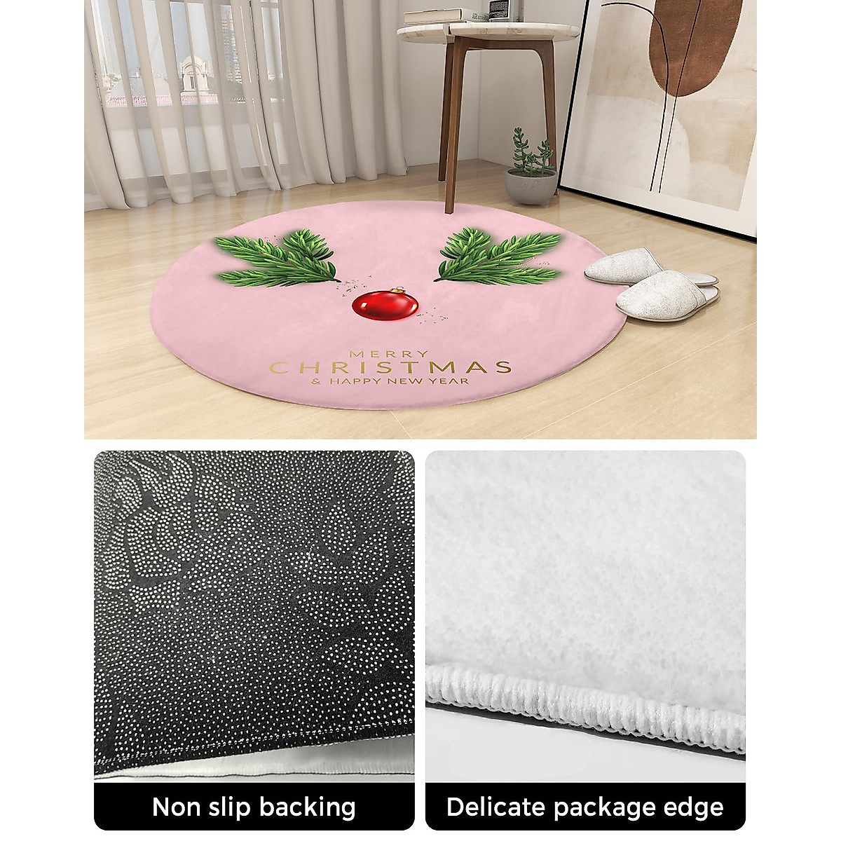 Blush Pink Christmas Fluffy Round Area Rug Carpets 4ft, Plush Shaggy Carpet Soft Circular Rugs, Non-Slip Fuzzy Accent Floor Mat for Living Room Bedroom Nursery Xmas Winter Pine Tree Leaf Green Gold