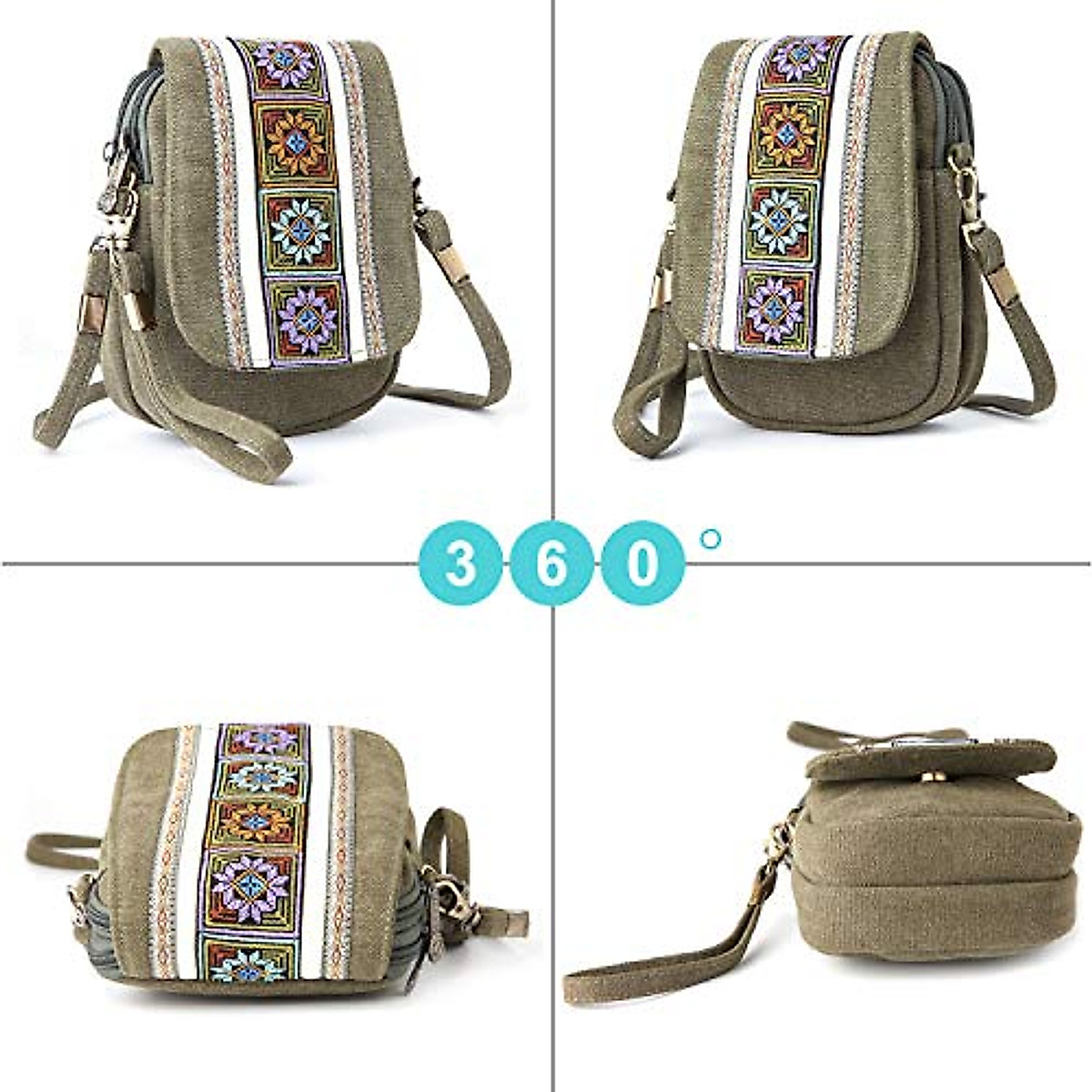 MAZEXY Cellphone Embroidered Wristlet Bag Mini Crossbody Bag Nylon Wallets Purses (GreenCanvas)