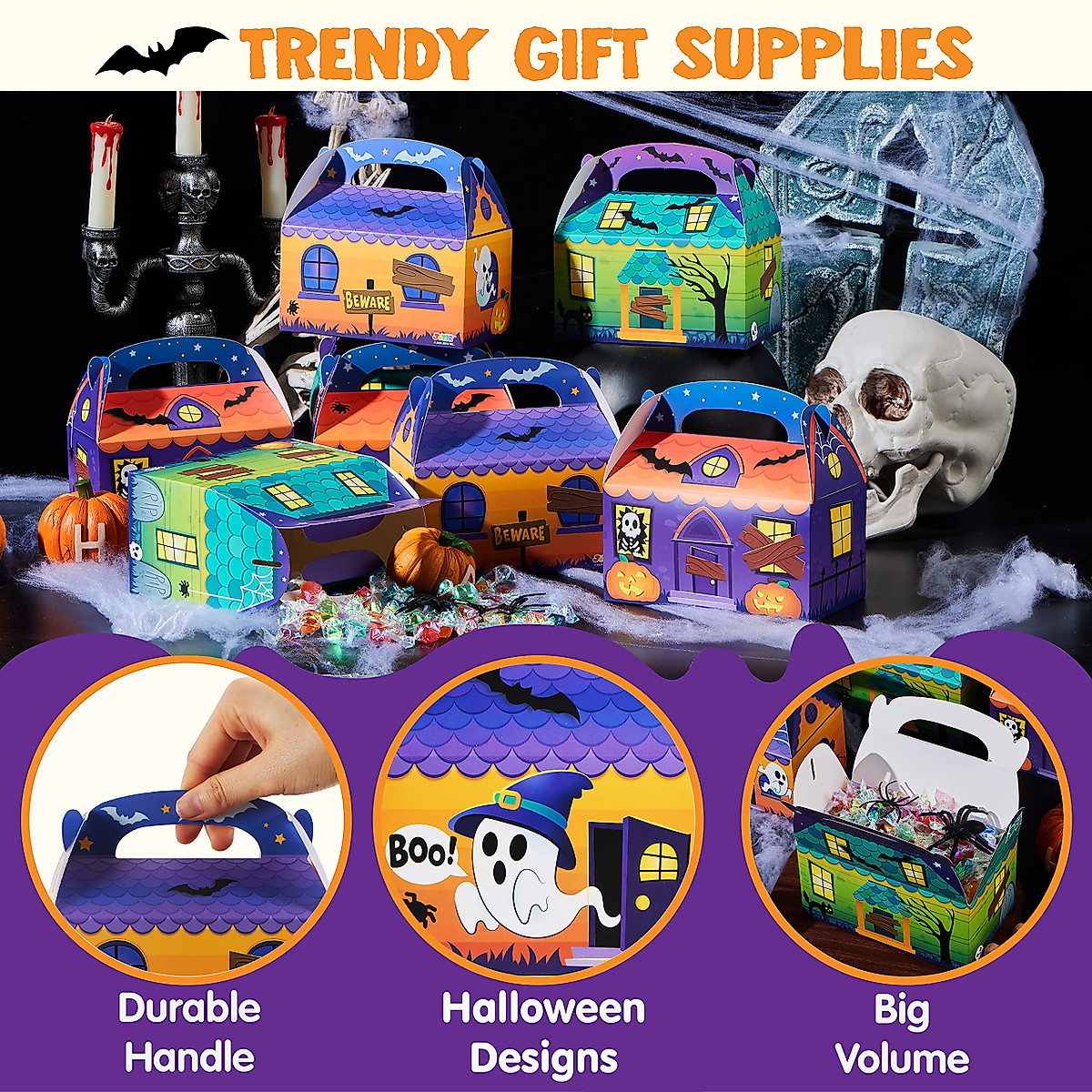 JOYIN 24 PCs 3D Halloween House Cardboard Treat Boxes (6"x6"x3.5") Trick or Treat Candy Boxes Cookies Goodie Bags for Halloween Party Favor Supplies