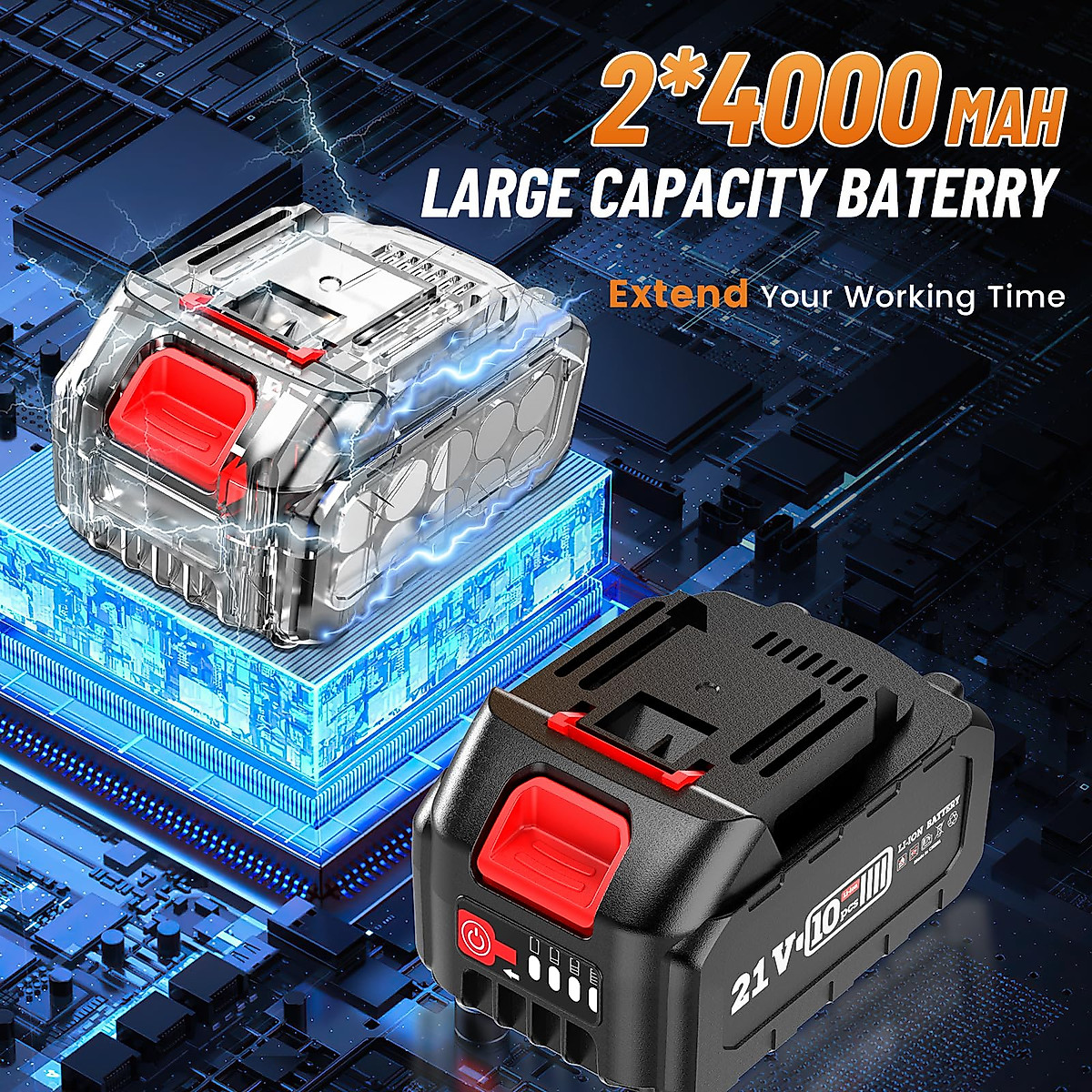 1/2 in. Cordless Impact Wrench 1000N.m(738ft-lbs), 21V Electric Power Impact Gun, 2x 4.0Ah Battery, Fast Charger & 5 Sockets, Brushless Motor with Variable Speed Trigger for Car/Truck RV/Tractor/Tire