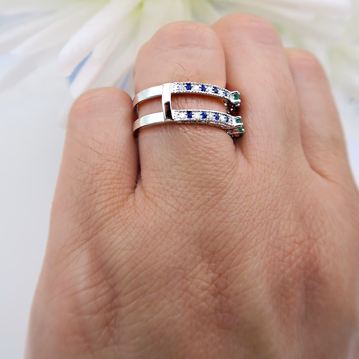 Dazzlingrock Collection Round Emerald, Blue Sapphire & Diamond Wedding Enhancer Double Ring in 14K White Gold, Size 8.5