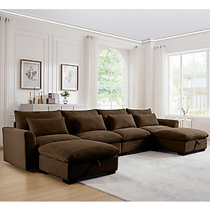 GoDoco Wide Body Modular Corduroy Sectional Sofa Set, U-Shape and L-Shape Deep Seating Couch with Storage Ottomans and Waist Pillows (Brown, 4-Seater + 2 * Ottoman)
