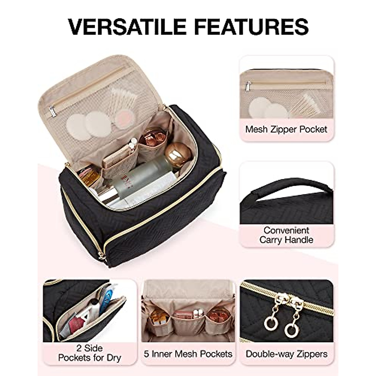 BAGSMART Travel Toiletry Bag for Women, Cosmetic Bag Makeup Bag Organizer with Handle, Travel Bag for Toiletries, Travel Accessories, Full Sized Container, Black-M