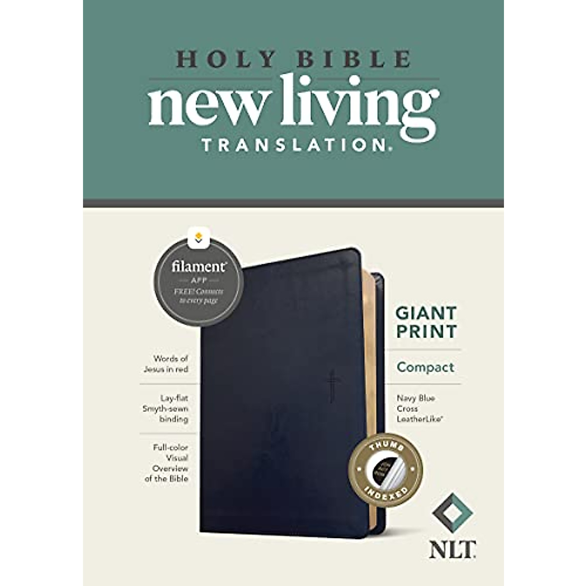 NLT Compact Giant Print Bible, Filament Enabled (LeatherLike, Navy Blue Cross, Indexed, Red Letter)