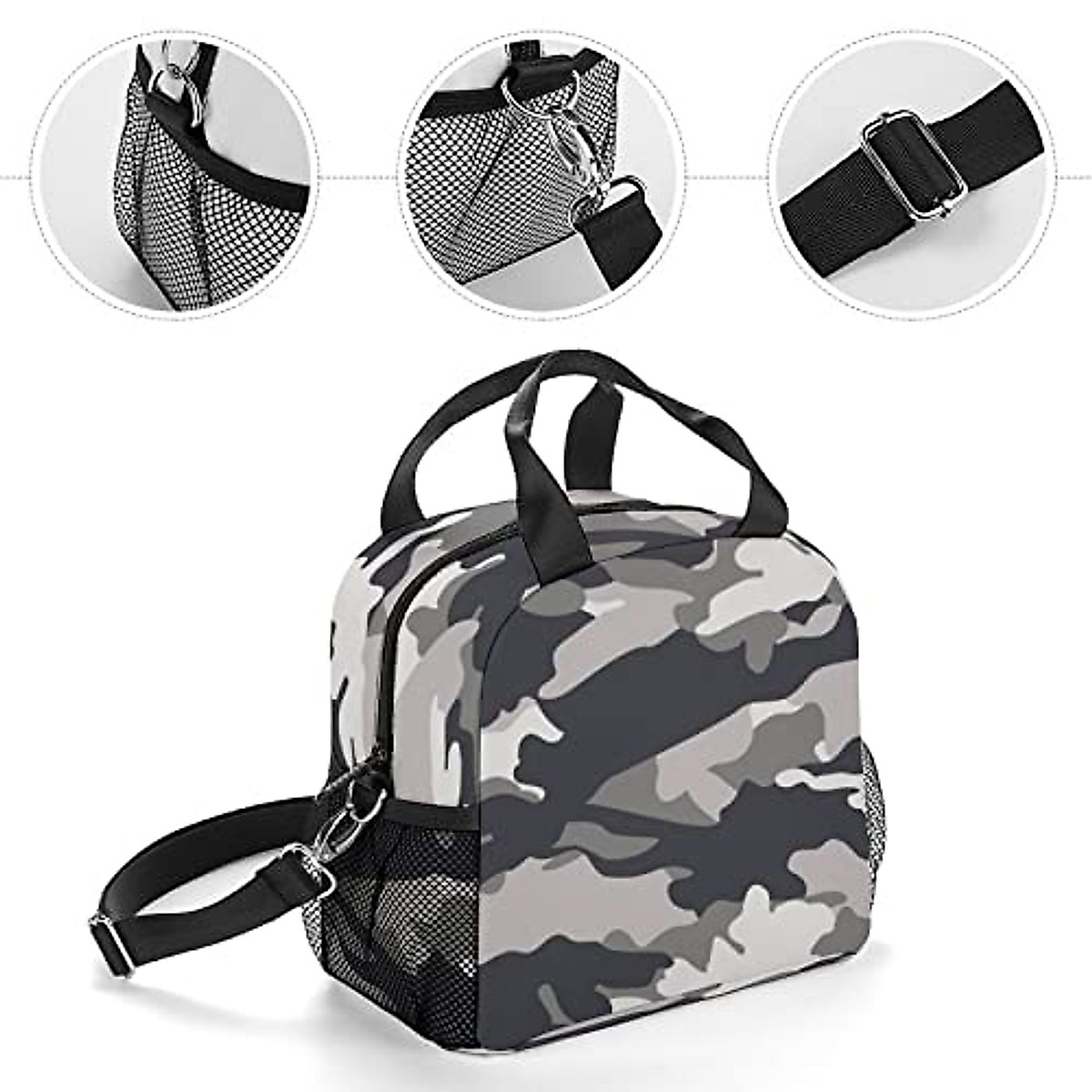 Gray Green Camouflage Printed Lunch Box Tote Bag with Handles and Shoulder Strap for Men Women Work Picnic