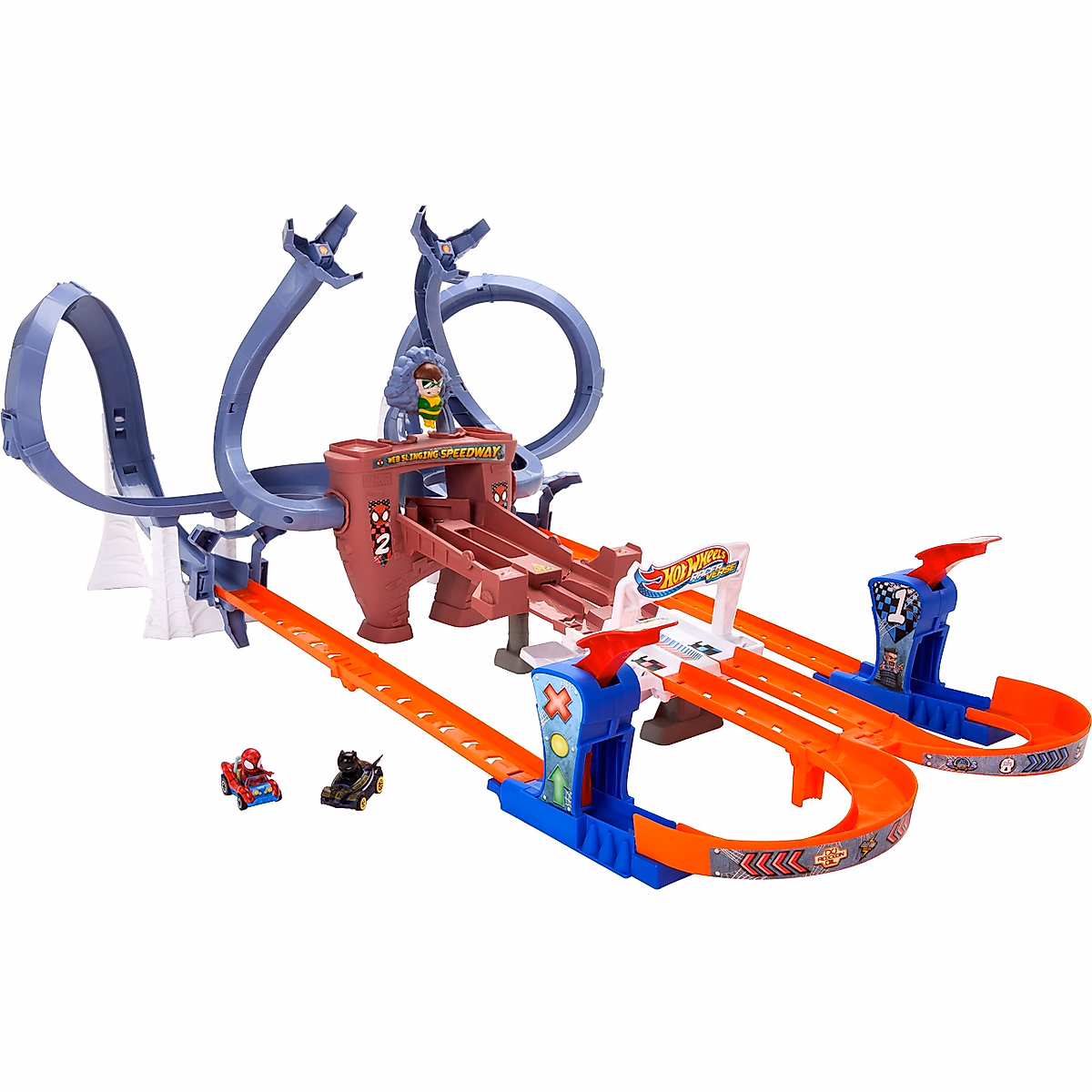 Hot Wheels Toy Car Track Set, RacerVerse Spider-Man’s Web-Slinging Speedway, Competitive Race with 2 Die-Cast Vehicles: Spider-Man & Black Panther