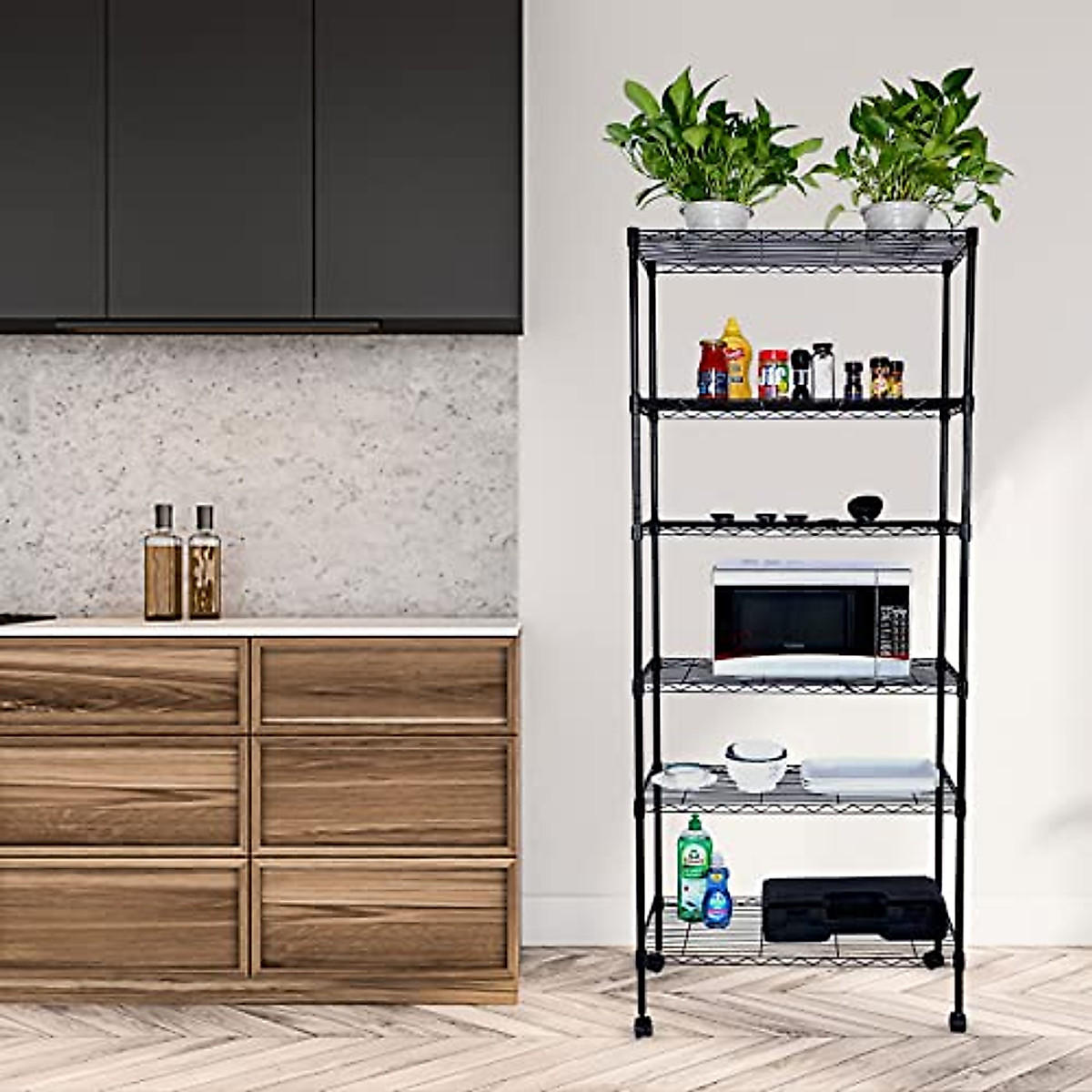 YSSOA Heavy Duty 6-Shelf Shelving with Wheels, with Hanging Hooks, Wire Shelving, Adjustable Storage Units, 29'' D x 14'' W x 70'' H, 6 Tier, Black