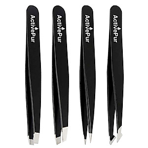 ActivePur, 4 Pcs Tweezers Set Precision for Facial Hair, Ingrown Hair, Splinter for Eyebrows Blackhead and Tick Remover, Best Professional Stainless Steel Seller Hair Remover Tweezer Set w/PU Bag.