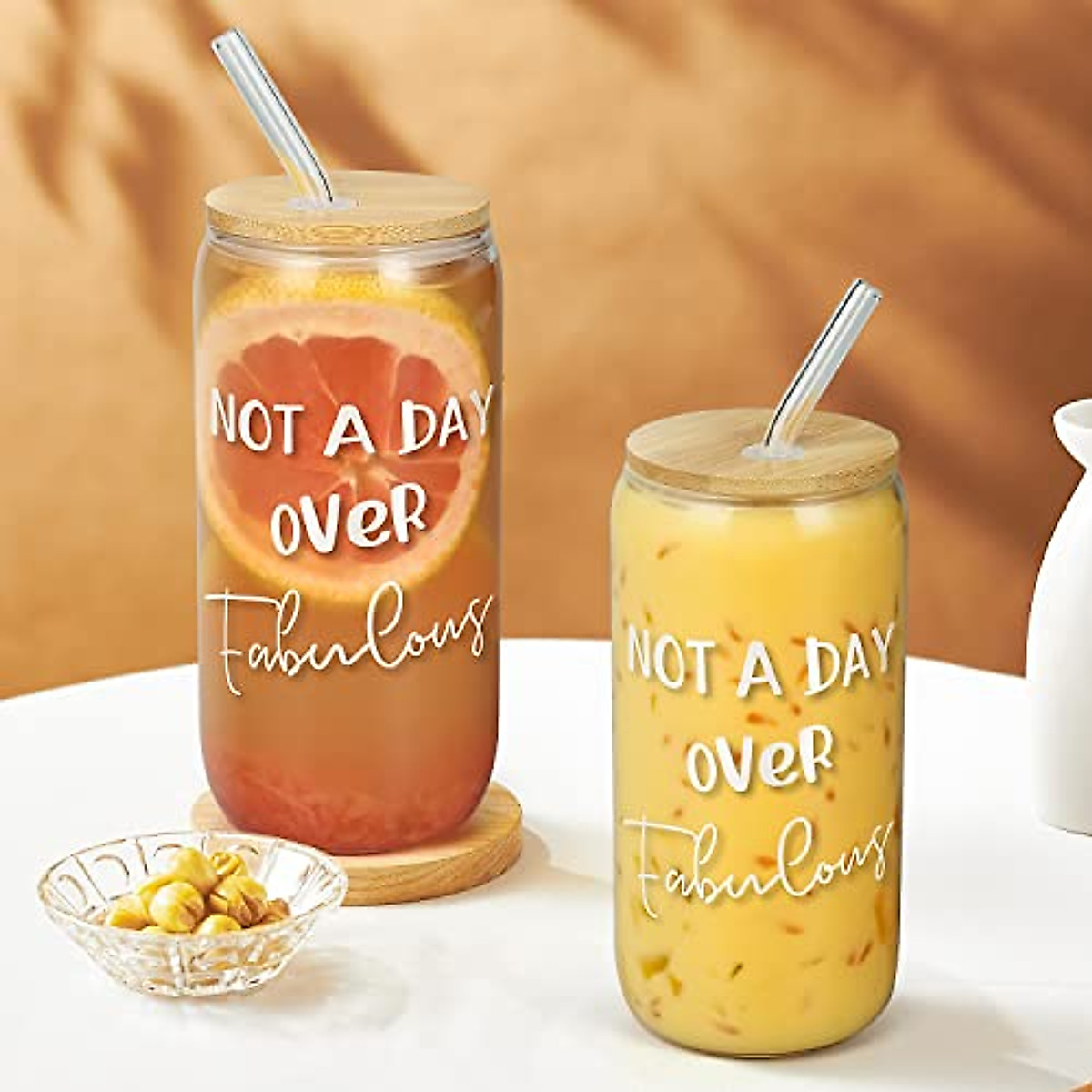 Birthday Gifts for Women - Not A Day Over Fabulous - Funny Gift for Best Friend Sister Wife Coworker Girlfriend Teacher Female - Mothers Day Gift for Mom - Glass Coffee Cups with Lids and Straws 16 Oz