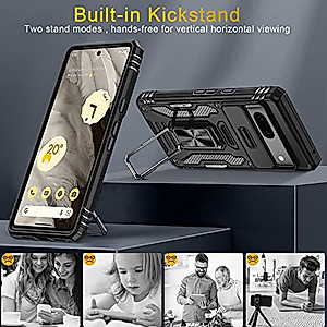 for Pixel 7 Case,Google Pixel 7 Case with Slide Camera Cover+Screen Protector (1 Pack),[Camera Protection] [Magnetic Rotate Kickstand] Military Grade Shockproof Heavy Duty Protective Cover-Black