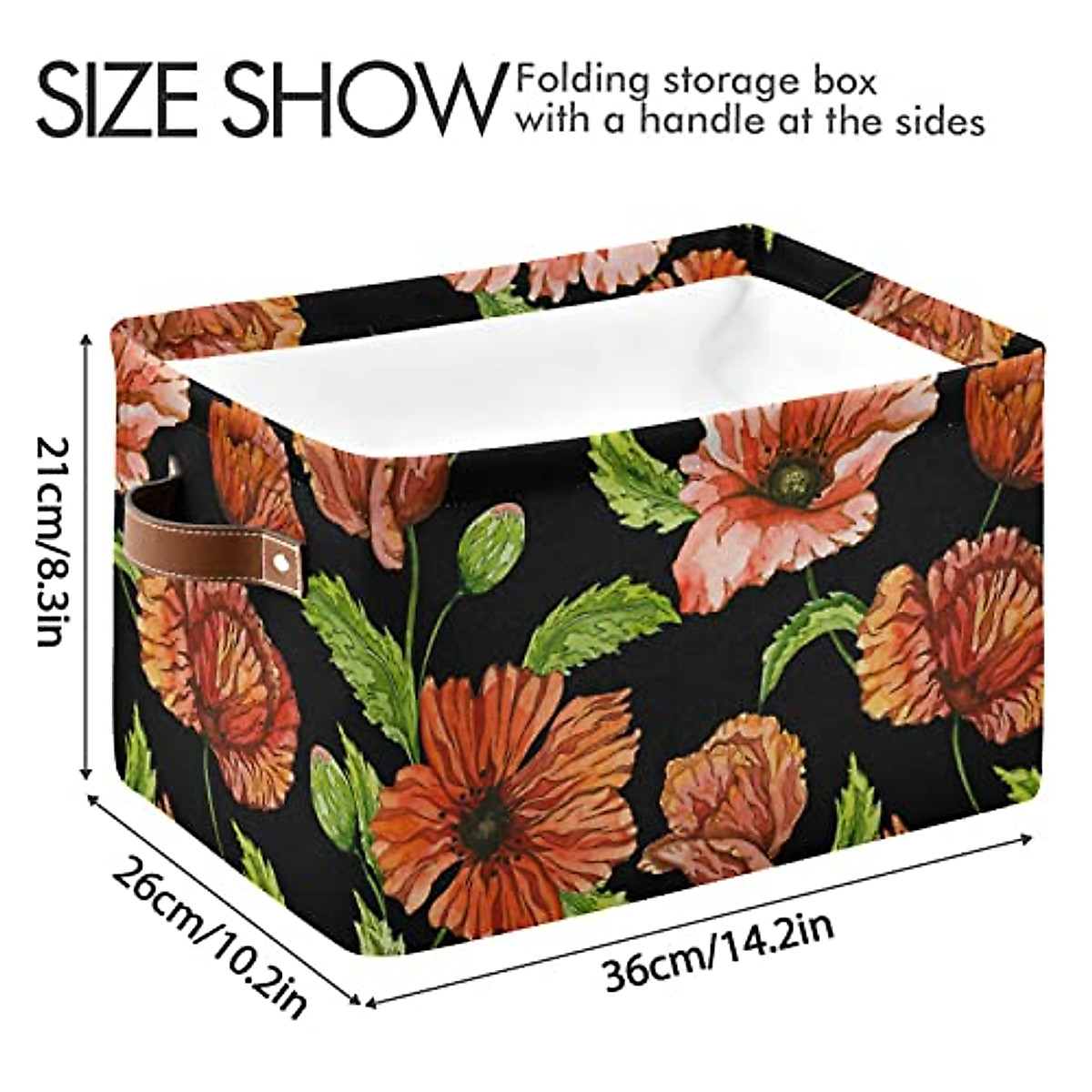 Red Poppy Square Storage Basket Flowers Black Storage Bins Canvas Toys Box Closet Shelf Decorative Organizer Bag with Handles for Bedroom Home Office, 1 Pc