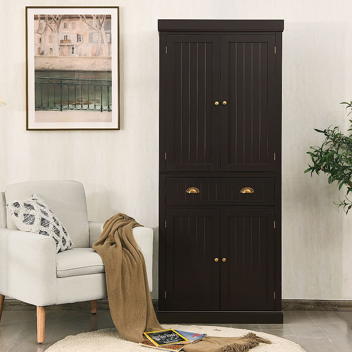 Huippy 72 inch Double Door Cupboard Freestanding Kitchen Pantry Cabinet with Four Adjustable Shelves and One Large Drawer for Kitchen Living Room Bedroom Hallway Home Office Storage (Espresso)