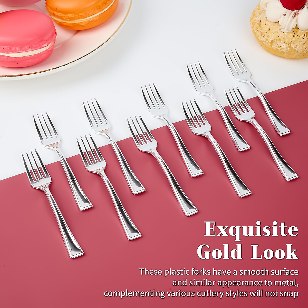 Kucoele 100 Pack Silver Mini Plastic Forks, 4 Inches Disposable Small Appetizer Forks Tiny Tasting Forks for Desserts, Strawberries, Charcuterie, Cake Pops, Cocktails, Fruits