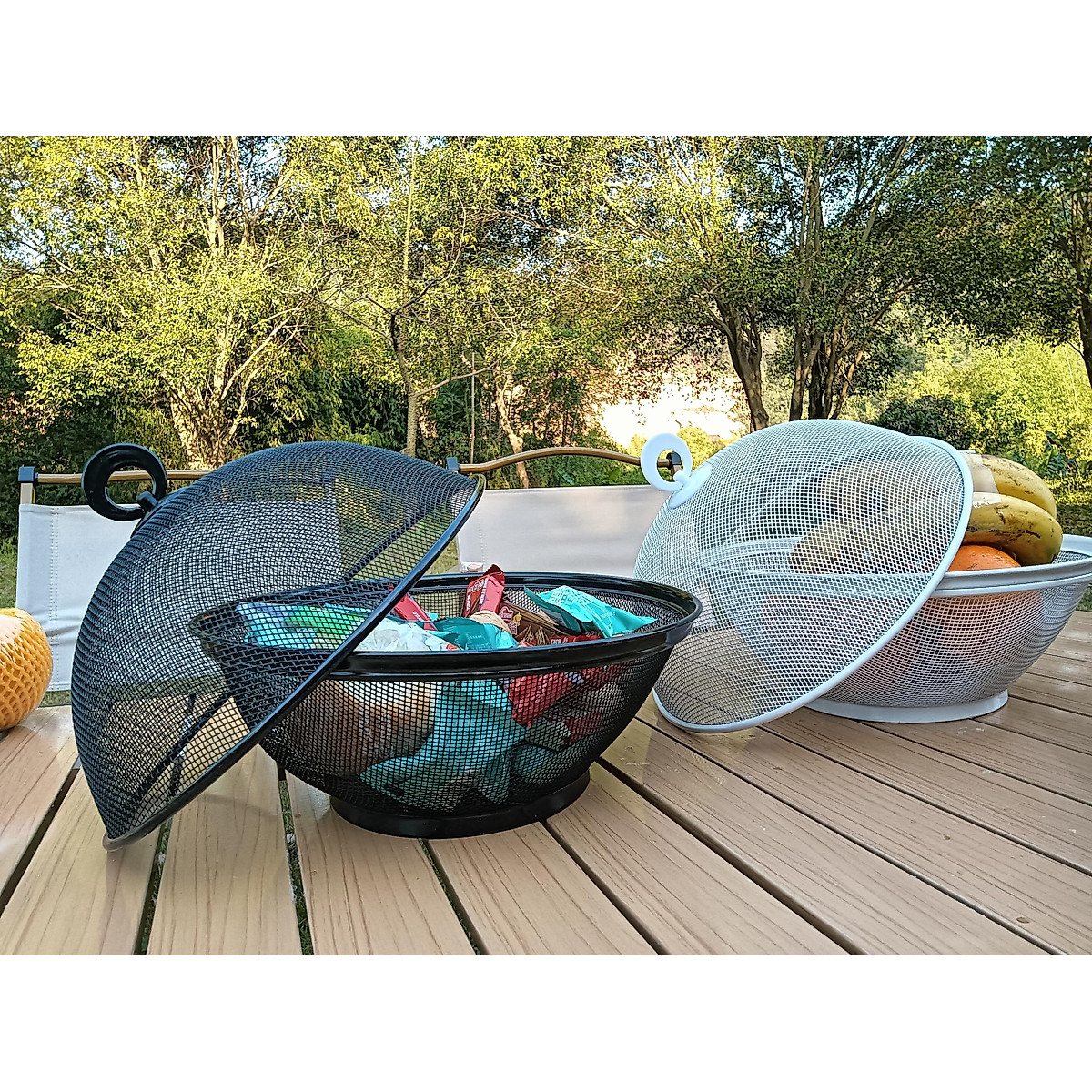 Mesh Wire Fruit Basket with Lid for Vegetables, Restaurant Kitchen Produce Containers Φ10.7" 2 Colors (White + Black) Total 2 Pack