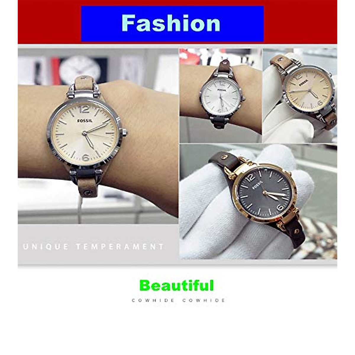 Dioway Women's 8mm Spring Bar Watch Band Genuine Calf Leather Replacement Straps for Fossil ES3148 ES4119 ES4176 ES3262 ES3077- Fossil Watch Band (Blue)