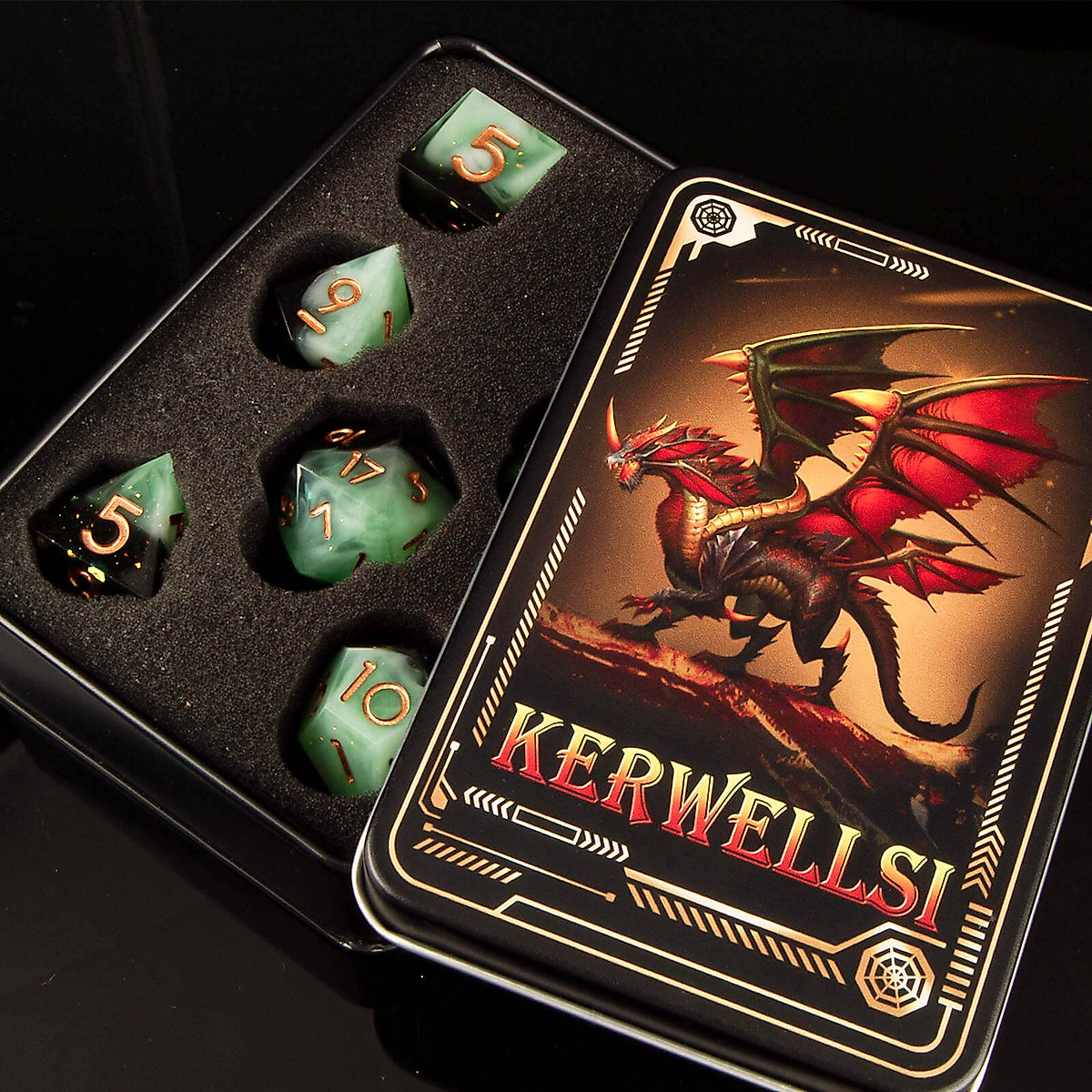 KERWELLSI Sharp Edged DND Dice Set D&D, Resin Polyhedral Role Playing Dice for Dungeons and Dragons, D and D RPG Dice D20 D12 D10 D8 D6 with Box