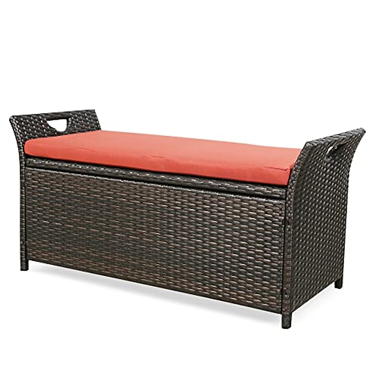 Patio Wicker Storage Bench Outdoor Rattan Deck Storage Box with Cushion (Terracotta)