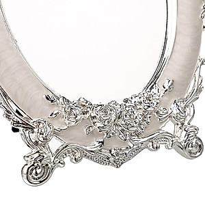 JUXYES Small Tabletop Dressing Mirror Vintage Metal Desktop Mirror with Stand, Antique Embossed Roses Countertop Makeup Mirror Retro Oval Cosmetic Decorative Mirrors for Table Centerpieces