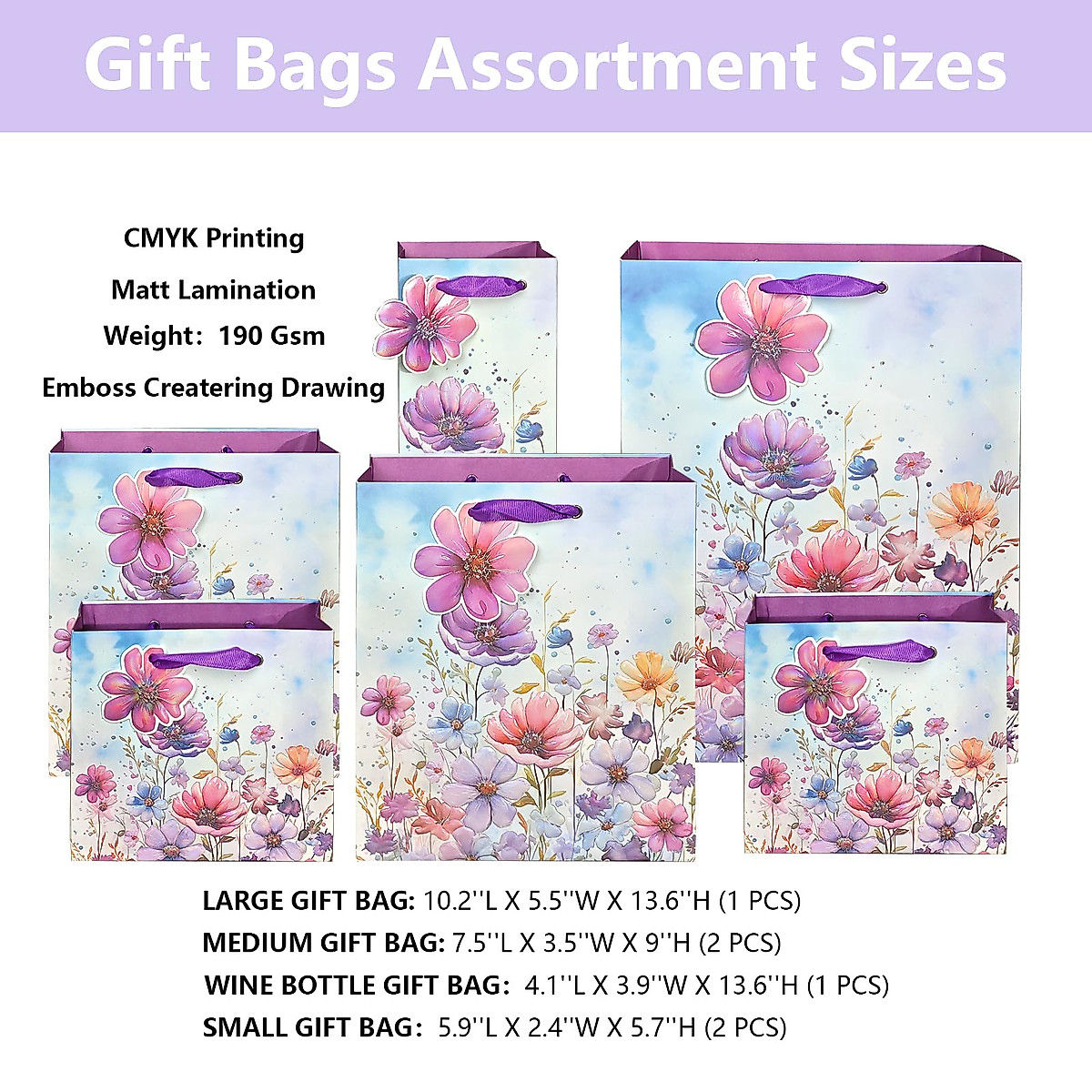 6 Pack Purple Flowers Pattern Embossed Paper Gift Bag with Handles, Assorted Paper Bags with 8 Pcs Tissue Paper for Girls/Women Baby Shower, Celebrations,Birthday,Wedding and Any Occasions