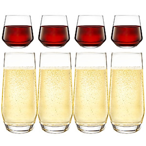 Kitchen Lux Tall & Short Drinking Glasses Set of 8-4 Tall Water Glasses and 4 Short Glass Cups Set - Elegant Drinkware - Deluxe Glassware Sets for Highball Sparkling Cocktails, Wine, Beer, Whiskey