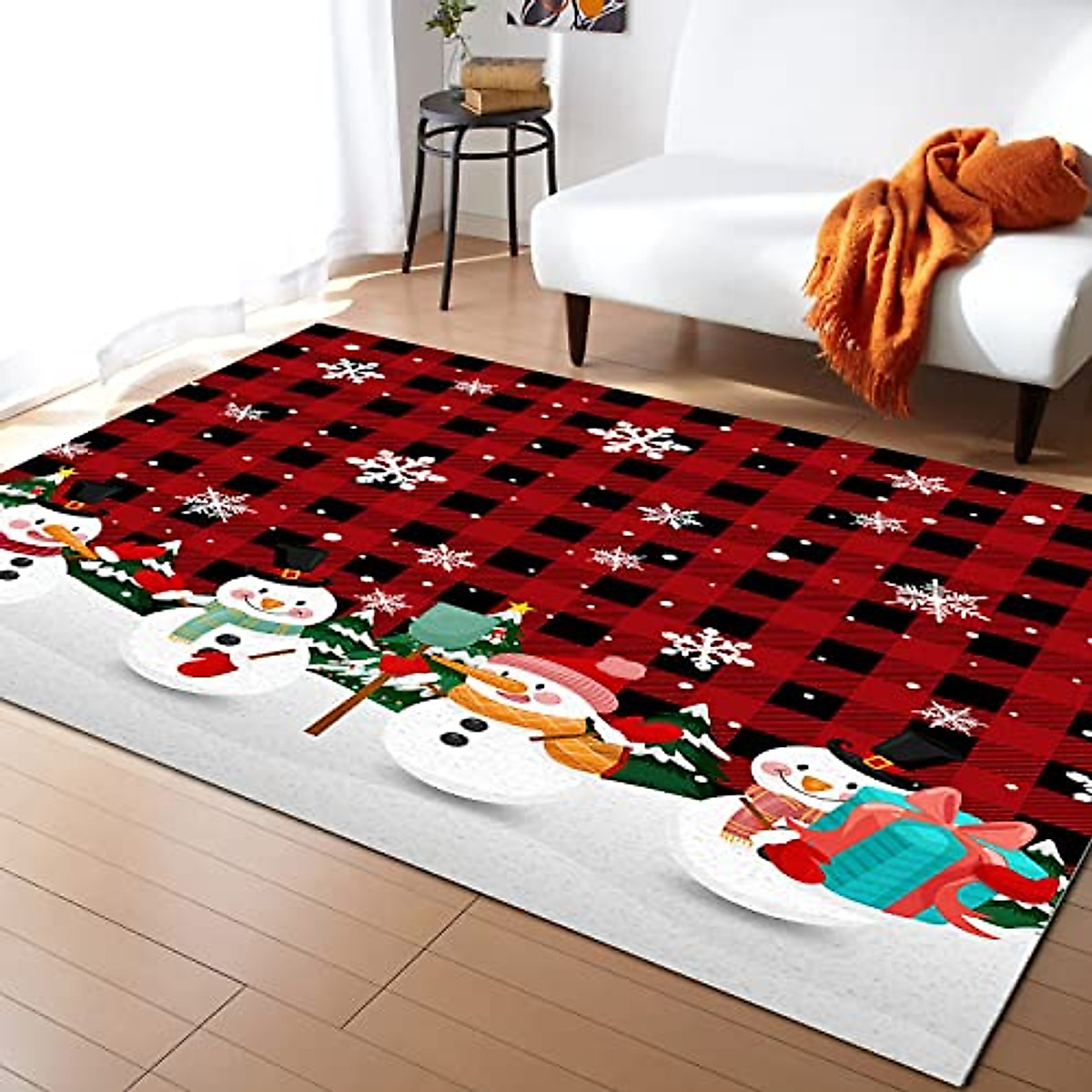 Christmas Rugs Machine Washable Area Rug, Rugs for Living Room, Rugs for Bedroom, Bathroom Rug Kitchen Rug Home Decor Carpet Runner Rug 5'x7', Snowman Snowflake with Red Black Plaid