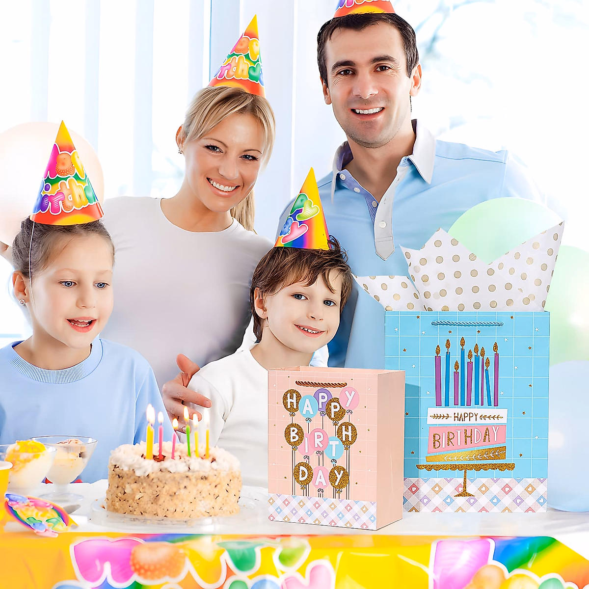 GonLei Birthday Gift Bag Assorted Sizes Happy Birthday Gift Bags for Kids Birthday Wrapping Paper Bags with Tissue Paper Card Handles for Girls Boys（4Bags 2Size: Medium 9” Large 12.6”）