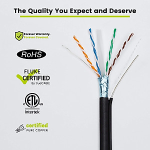 trueCABLE Cat6 Outdoor W/Messenger, Shielded FTP, 1000ft, UV, Aerial, CMX, Black, 23AWG Solid Bare Copper, 550MHz, PoE++ (4PPoE), ETL Listed, Bulk Ethernet Cable