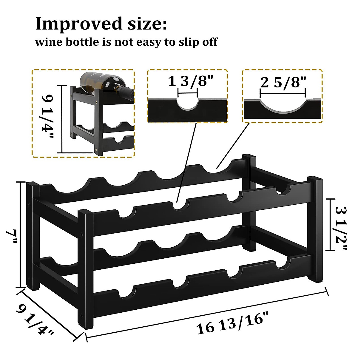 BAMEOS Wine Rack Freestanding 8 Bottle 2 Tier Bamboo Wine Racks Countertop Cabinet Wine Holder Wine Storage Shelf for Kitchen, Bar, Pantry, Wine Cellar, Countertop Black (16.85 L x 9.25W x 7H)
