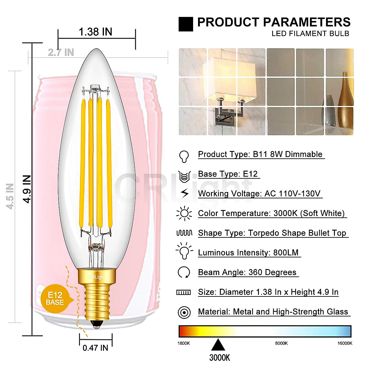 CRLight 8W Smooth Dimmable LED Candelabra Bulb, 3000K Soft White 800 LM 80W Incandescent Equivalent, E12 LED Filament Candle Bulbs, Large Size B11 Clear Torpedo Shape, 6 Pack