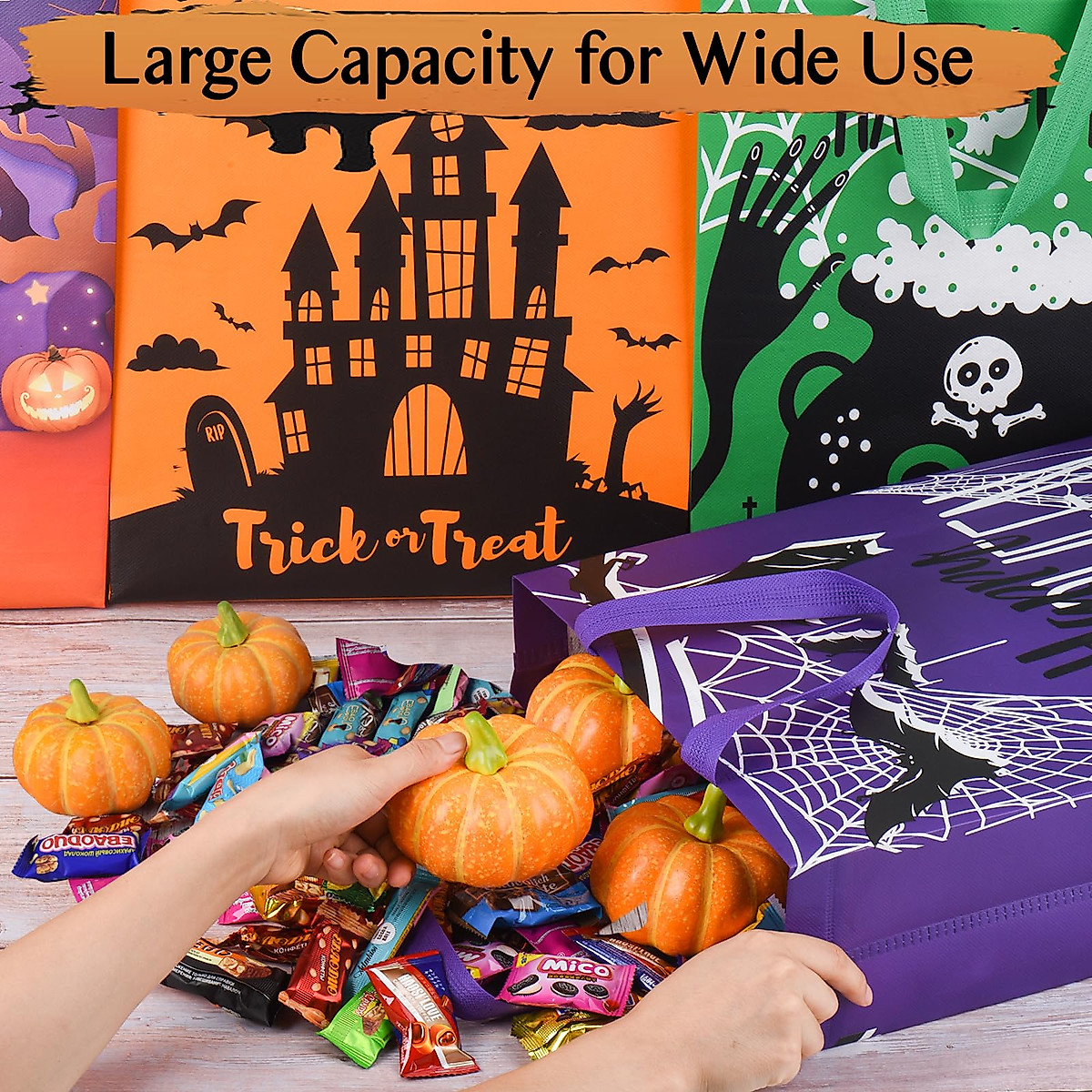 Halloween Bags,12 Pcs Halloween Trick or Treat Bags Large,Halloween Tote Bag with 12 Pcs Halloween Slap Bracelets,Halloween Candy Bags for Halloween Party Supplies,Gift Wrapping 15"×11.6"×3.9"