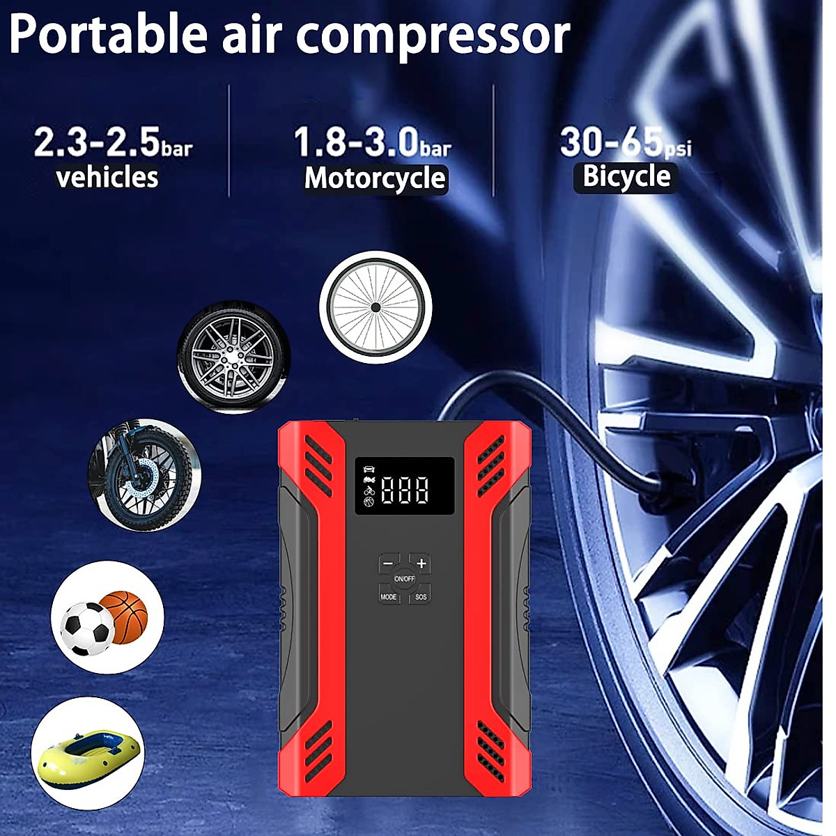 Gehopow 12V / 2000A Car Battery Jump Starter with Air Compressor for 8.0L Gas / 5.0L Diesel, Car Jump Box Battery Booster with 150PSI Tire Inflator with QC3.0 / DC12V / Compass/LED Light