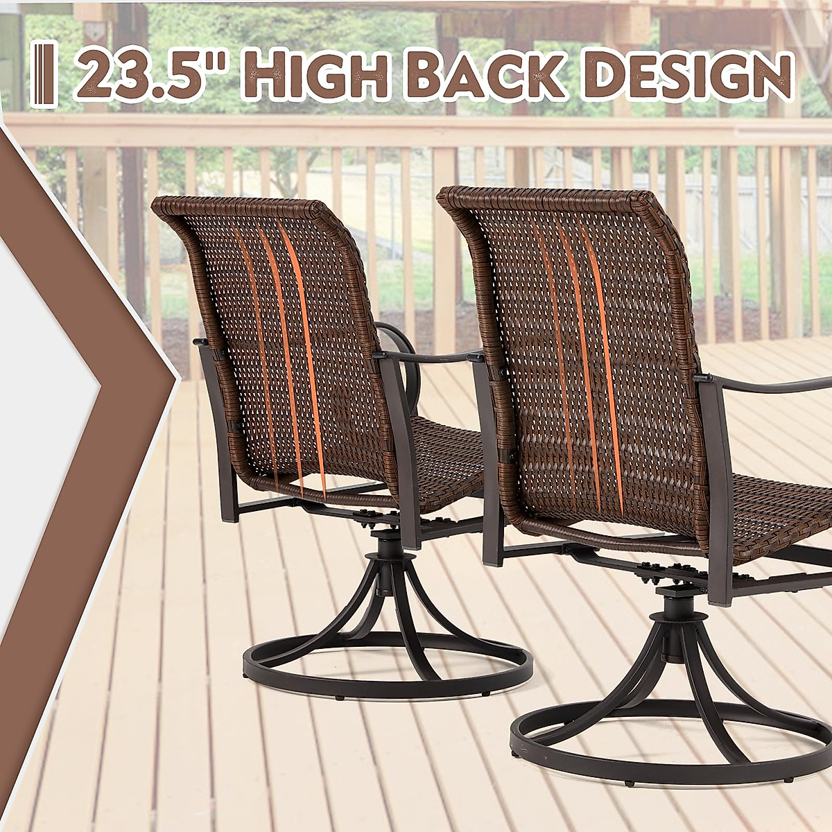 EROMMY Patio Swivel Chairs Set of 2, Heavy Duty Outdoor Dining Chair with 23.5'' High Back, Extra-Large Water-Fall Seat, Rattan Wicker Porch Chair Gentle Rocker for Outside Dark Brown