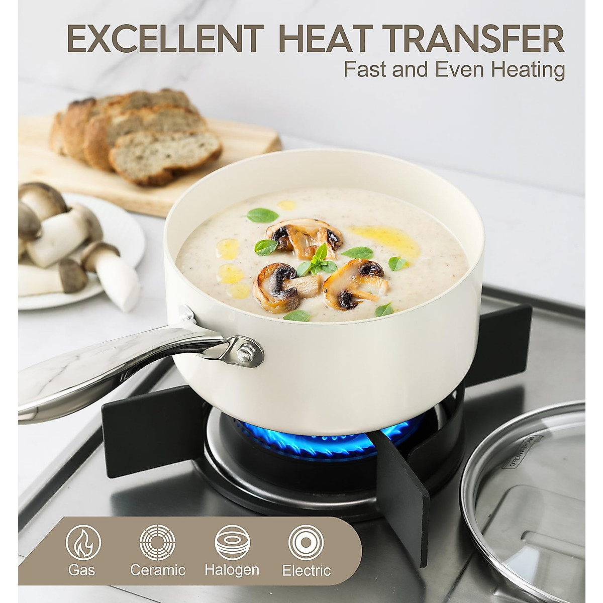 MICHELANGELO Sauce Pan Sets - Ceramic Sauce Pan with Lid, Nonstick Saucepan Set, 1Qt & 2Qt & 3 Qt Small Pots for Cooking, Non-Toxic Sauce Pot, White