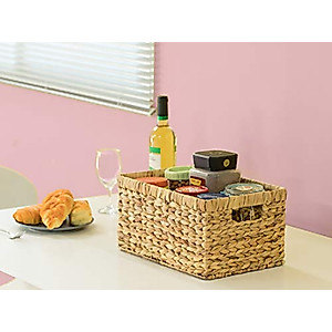 Natural Woven Water Hyacinth Wicker Rectangular Storage Bin Basket with Handles, Medium