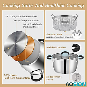 AOSION 6 Quart Stainless Steel Stockpot with Deep Fryer Basket, Stainless Steel Pot with Lid, 6QT Large Stock Pot, Induction Ready, Compatible with All Stoves, Dishwasher Safe