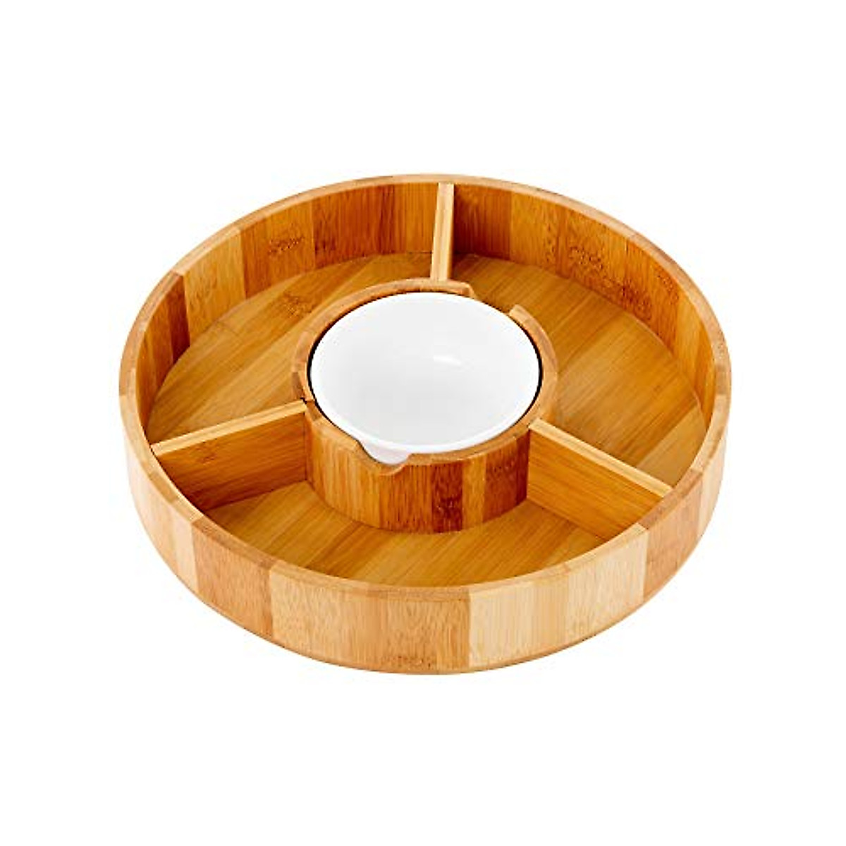 Chip and Dip Serving Bowl – Wooden Appetizer Platter Set with Dip Cup for Salsa, Guacamole, Nacho, Vegetables, Taco Chip, Snacks and More – 12 Inch Diameter
