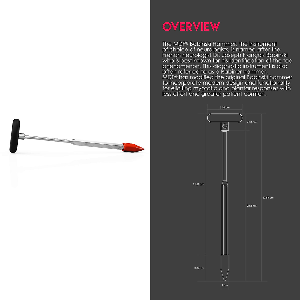 MDF Instruments, Babinski Neurological Reflex Hammer with Pointed tip for Superficial responses - Free-Parts-for-Life & Lifetime Warranty - Black (MDF535-11)