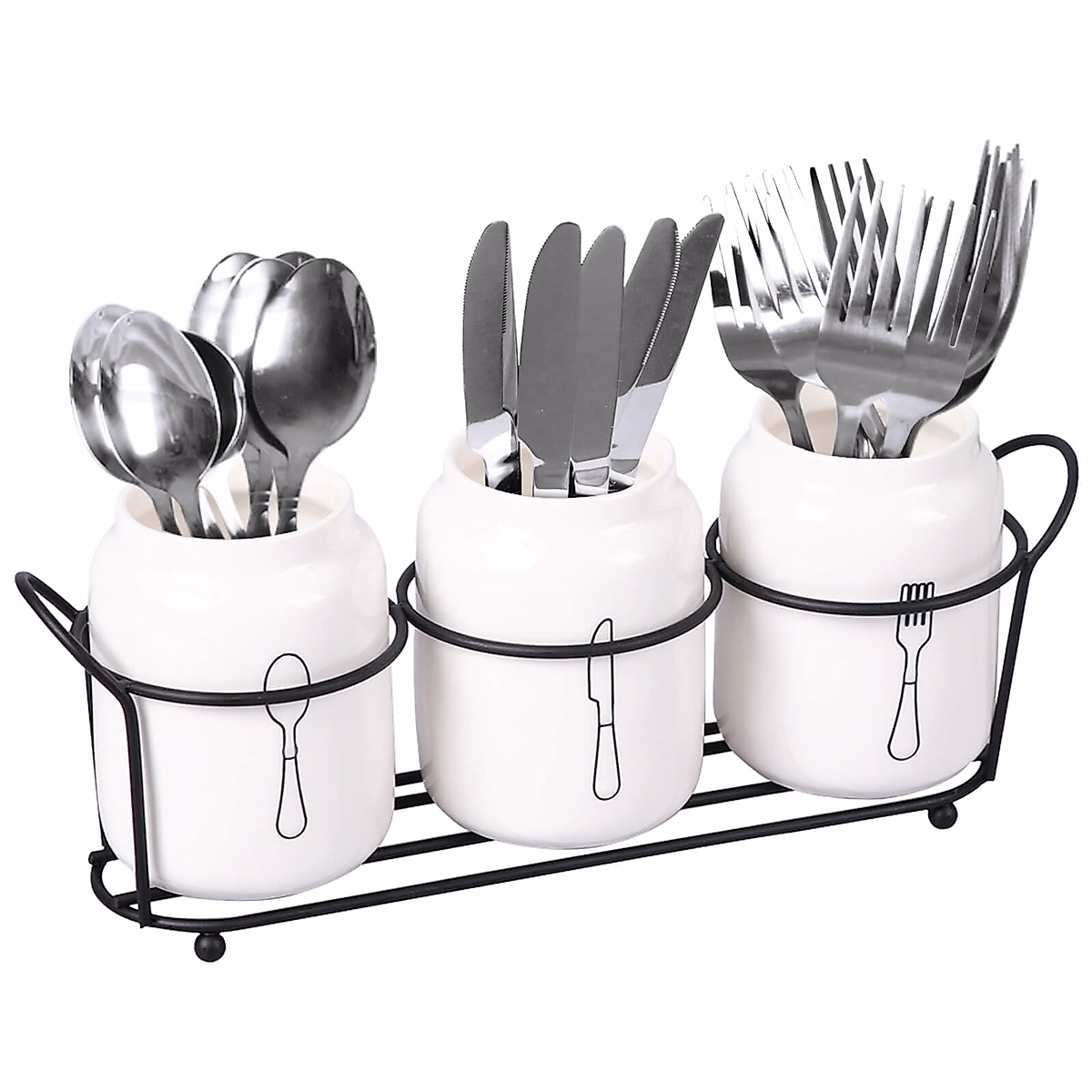CLOTHUP Ceramic Silverware Caddy, Utensil Caddy with Metal Holder, Countertop Silverware Utensil Organizer Holder, Knives Spoons and Forks Utensil Organizer Holder for Kitchen and Party