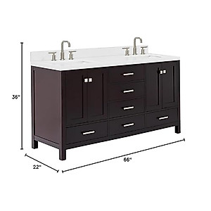 ARIEL Cambridge 66" Espresso Double Vanity, 1.5" Edge Carrara White Quartz Countertop & Splash, Rectangular Sinks, 4 Soft Closing Doors, 6 Full Extension Dovetail Drawers, Brushed Nickel