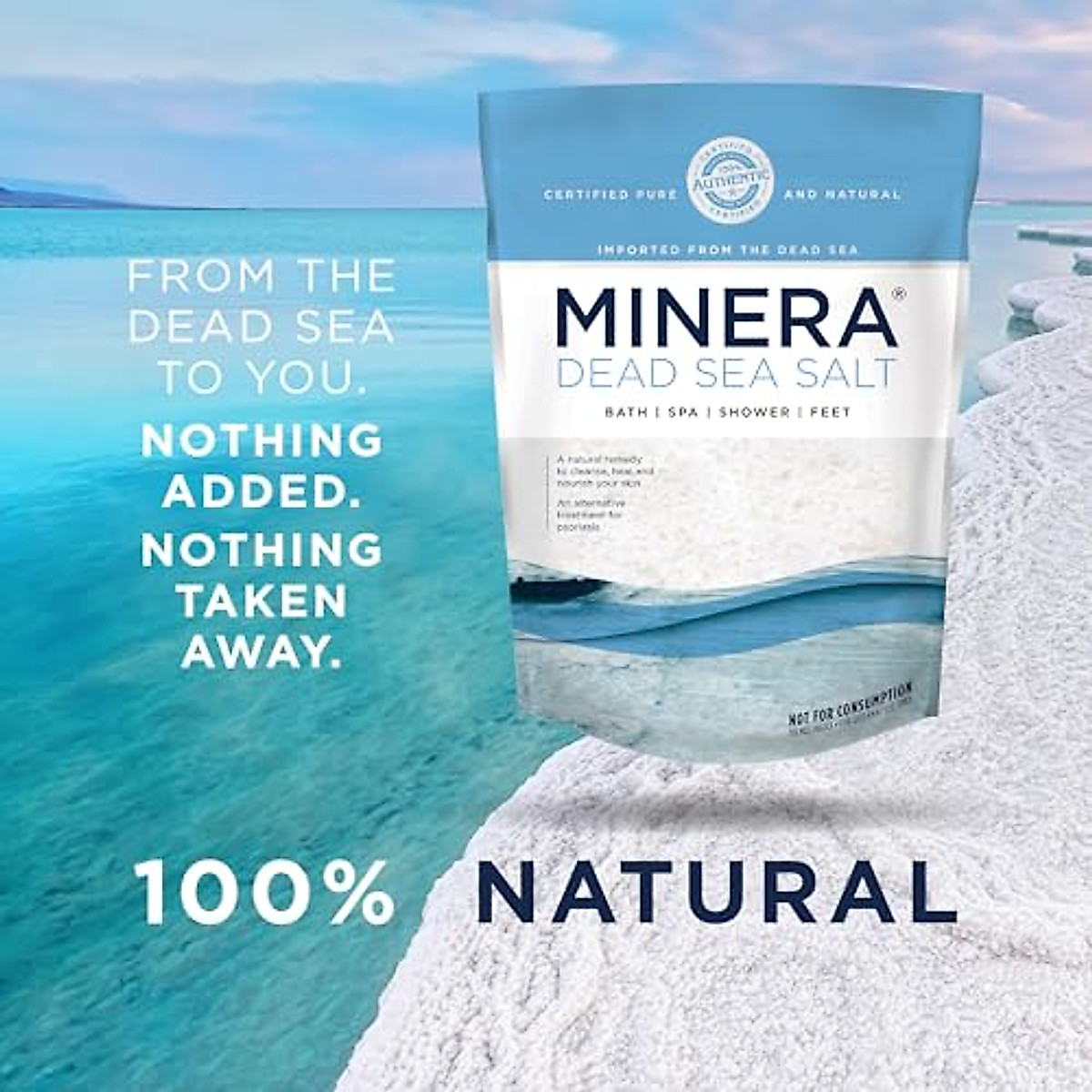 Minera Dead Sea Salt, 100% Pure & Natural, 2 lbs. Fine Grain (0-1.7 mm) Bulk Bag, Easily Dissolving Dead Sea Salts for Soaking & Bathing, Skin Nourishing Fine Sea Salt, Unscented