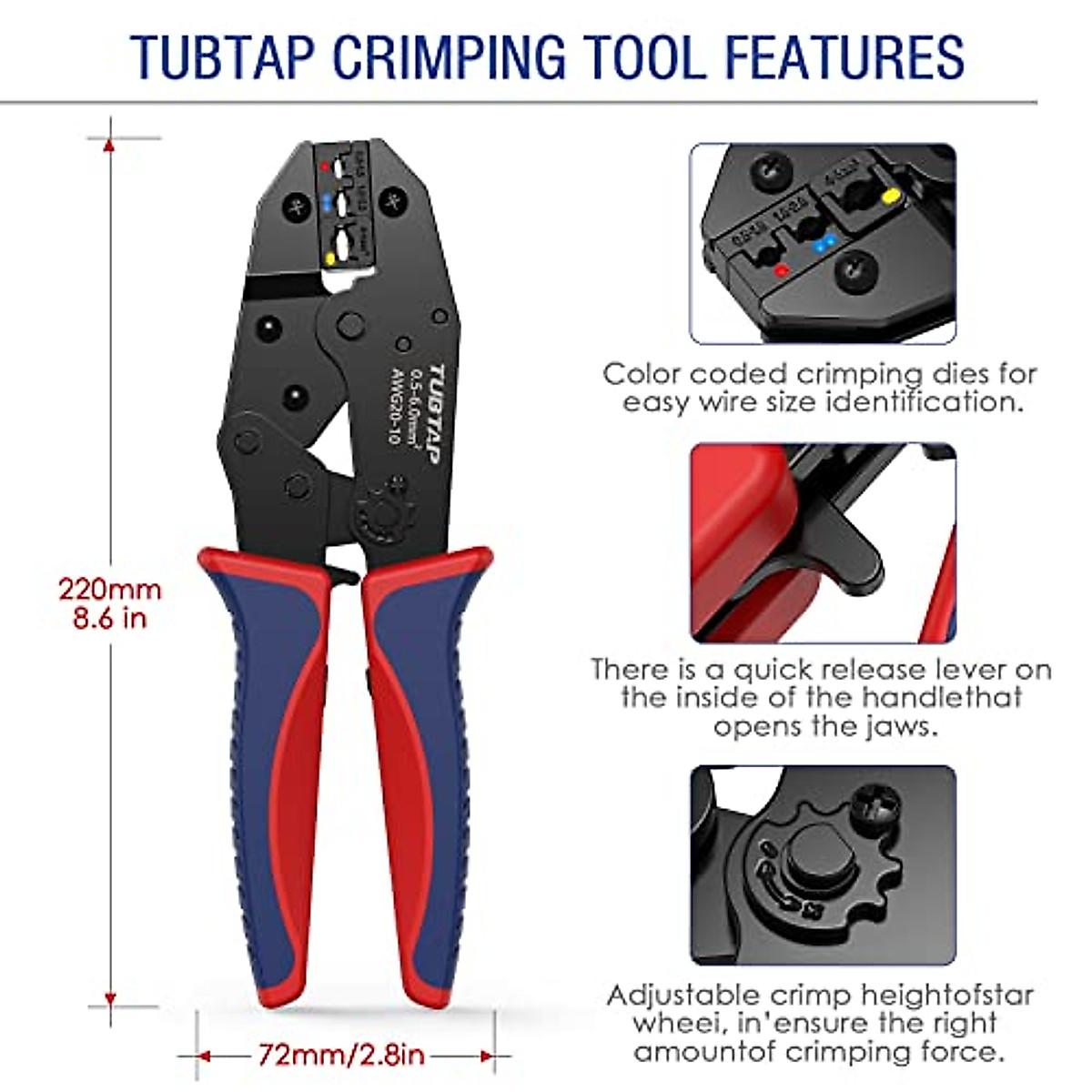 TUBTAP Crimping Tools for Electrical Connectors [AWG 20-10] - Wire Crimpers - Wire Crimping Tool - Ratcheting Wire Crimper for Heat Shrink Wire Connectors and Insulated Nylon Connectors, 0.5-6.0mm²