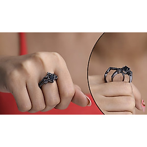 Dazzlingrock Collection 2.10 ctw Princess & Round Black Diamond Chevron Ring Set for Women in Black Plated Sterling Silver, Size 9.5