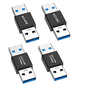 AGVEE 4 Pack USB-A 3.0 Male to USB-A Male Bidirectional Adapter, USB 3.2 Gen 1 Coupler Extender Extension Converter Connector, Black
