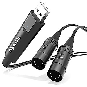 DigitalLife USB to 1-In/1-Out MIDI Converter for Electric MIDI Piano Keyboard - 5-Pin DIN MIDI, Metal - Compatible with Windows and macOS (2m/6.5ft)