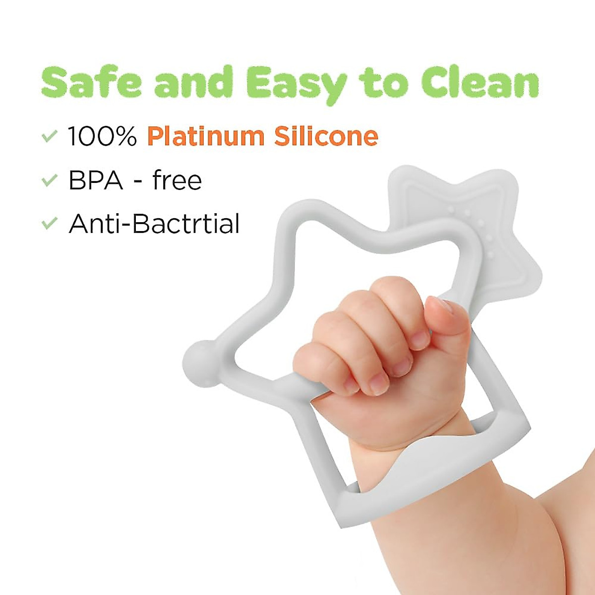 MOYUUM Star Teether - 100% Silicone, Wearable Type, Baby Chew Toy, Baby Gift for Newborn, Roly Poly Toy, Silicone Teething Toys for Infant and Toddler, Bracelet Type, Pack of 1 (Cool Gray)