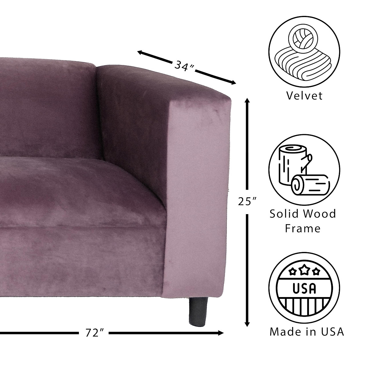 Coast to Coast Sofas Broadway Velvet Sofa for Living Room, Modern 3-Seater Sofas Couches for Bedroom, Office, and Apartment with Solid Wood Frame (Lavender)