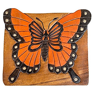 Sea Island Imports Monarch Butterfly Hand Carved Acacia Hardwood Decorative Short Stool