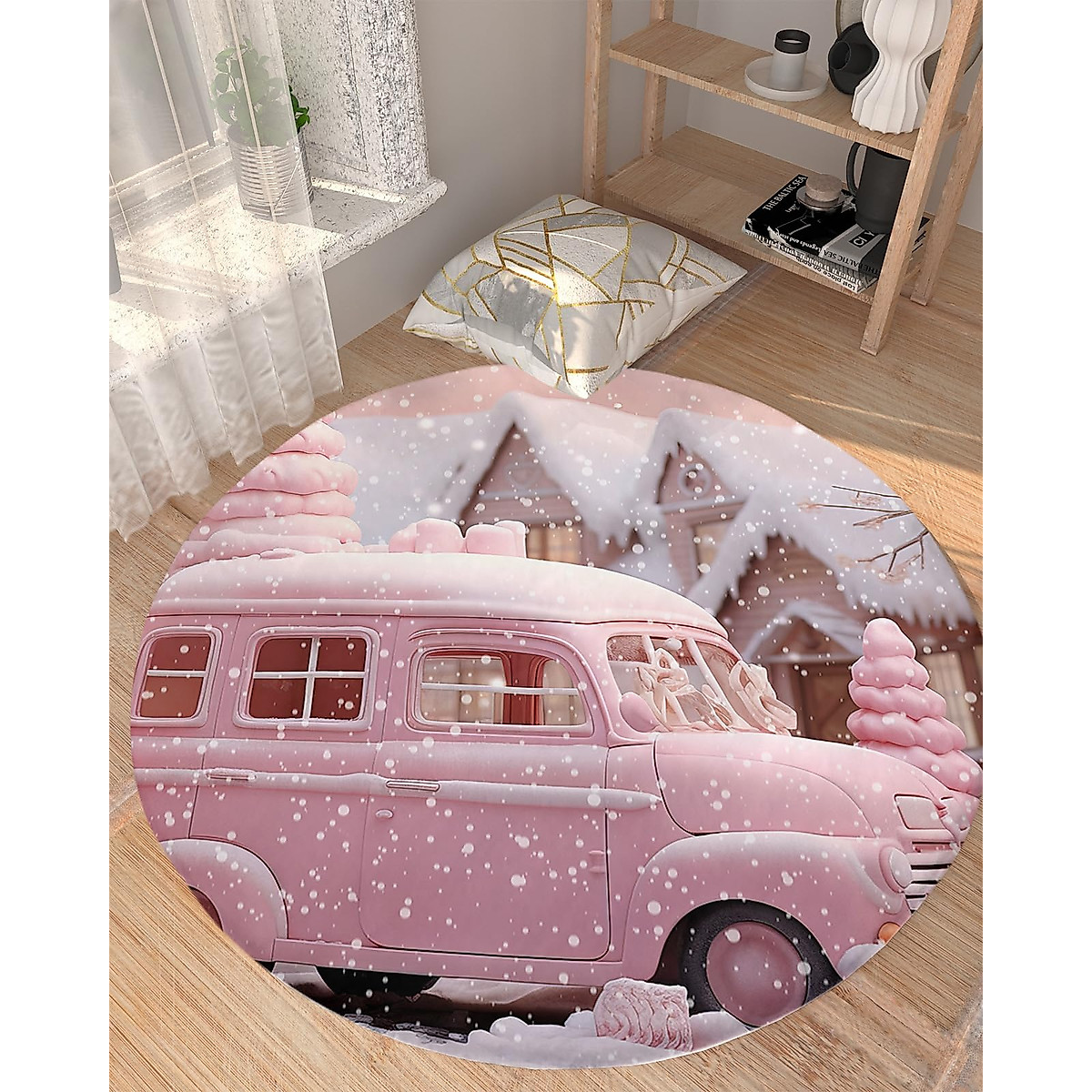 Christmas Fluffy Round Area Rug Carpets 3ft, Plush Shaggy Carpet Soft Circular Rugs, Non-Slip Fuzzy Accent Floor Mat for Living Room Bedroom Nursery Home Decor Blush Pink Farmhouse Winter Truck