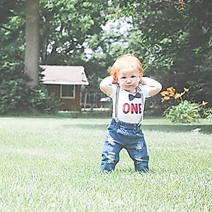 Pinleck Toddler Baby Boy Birthday Clothes Set Bowtie Romper Suspenders Ripped Denim Pants Outfits (1st Birthday-White-1Short, 18-24 Months)