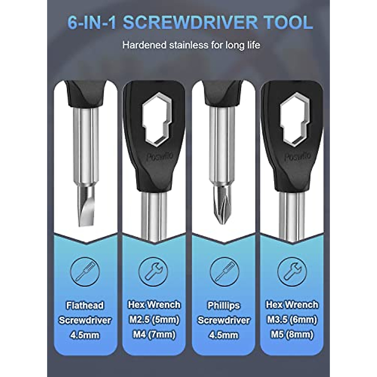 Keychain Screwdriver Tool 2 Pack, Poswlto 6-in-1 Screwdriver Set, Flathead and Phillips Bit, Hex Socket Wrench, Stocking Stuffers for Mens, Adults, Father, Husband, Employee, Christmas Gifts